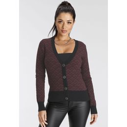 Strickjacke Melrose, Damen, Gr. 36, bunt (schwarz, bordeaux), Feinstrick, Obermaterial: 50% Viskose, 28% Polyester, 22% Polyamid, Jacquardmuster, figurbetont h&uuml;ftlang, tiefer V-Ausschnitt, Rippb&uuml;ndchen, Strickjacken Strickjacke, in trendy Jacquardmuster mit Knopfleiste, Topseller
