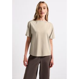 T-Shirt Street One, Damen, Gr. 34, beige (coastal beige), Jersey, Obermaterial: 95% Viskose, 5% Elasthan, unifarben, regular fit taillenbedeckt, U-Boot-Ausschnitt, Shirts T-Shirt, mit Nieten, Topseller