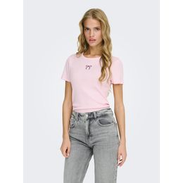 Kurzarmshirt Only "ONLELVA JUNE EMB S/S TEE JRS NOOS", Damen, Gr. M, ballerina detail:zinfandel bow, Jersey, Obermaterial: 65% Polyester, 30% Viskose, 5% Elasthan, bestickt, unifarben, normal, Rundhals, Shirts Kurzarmshirt