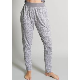 Loungehose Tom Tailor "Victoria", Damen, Gr. 40L, N-Gr, grau (grau, mittel, allover), Single Jersey, Obermaterial: 95% Viskose, 5% Elasthan, gemustert, gerade, unten schmal lang, Hosen Loungehose, mit Print, locker, breiter Bund, bequem, atmungsaktiv, Viskosemix
