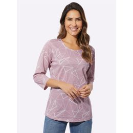 Rundhalsshirt Classic Basics "3/4-Arm-Shirt", Damen, Gr. 42, lila (mauve, ecru, bedruckt), 100% Baumwolle, gemustert, mehrfarbig, Rundhals, Shirts Rundhalsshirt
