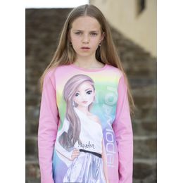 Top Model Langarmshirt TOPMODEL "Topmodel", M&auml;dchen, Gr. 128, pink (sachet pink), Single Jersey, Obermaterial: 100% Baumwolle, bedruckt, figurumspielend h&uuml;ftbedeckend, Rundhals, abgesteppte Kante, Shirts Langarmshirt, mit extra gro&szlig;em Frontmotiv