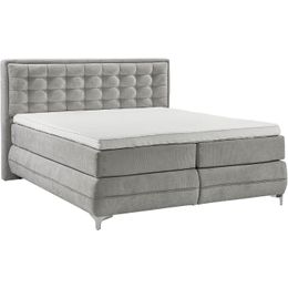 Boxspringbett Musterring "Dubai", grau (d 041 grau), B:217cm L:214cm, Komplettbetten, Boxspringbett, Winkelfu&szlig; in Chrom, 3 H&auml;rtegrade, Kopfteil in Kassettensteppung