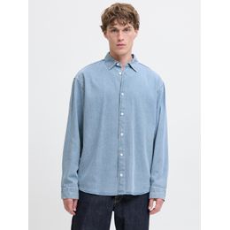Jack & Jones Langarmhemd JACK & JONES "JORNORREBRO DENIM SHIRT LS SN", Herren, Gr. XL, N-Gr, blau (medium blau denim), Web, Obermaterial: 100% Baumwolle, unifarben, relaxed fit, Hemden Langarmhemd