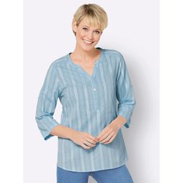 Schlupfbluse Classic Basics, Damen, Gr. 46, blau (ozean, ecru, gestreift), 100% Baumwolle, gemustert, gestreift, Rundhals, Blusen Schlupfbluse