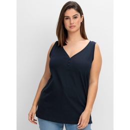 Tanktop sheego, Damen, Gr. 52, blau (tiefblau), 100% Baumwolle, unifarben, V-Ausschnitt, Tops Tanktop