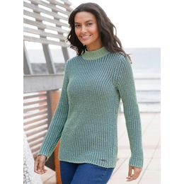Stehkragenpullover Casual Looks "Stehkragen-Pullover", Damen, Gr. 46, blau (eucalyptus, mittelblau), 54% Baumwolle, 46% Polyacryl, gemustert, mehrfarbig, Pullover Stehkragenpullover