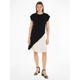 Blusenkleid Tommy Hilfiger "VISCOSE BLOCKED KNEE DRESS", Damen, Gr. 32, N-Gr, schwarz (schwarz, _calico_colorblocked), Web, Obermaterial: 100% Viskose, Colorblocking, Basic, Kleider Blusenkleid, mit Logopatch