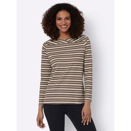 T-Shirt Casual Looks "Shirt", Damen, Gr. 54, braun (braun, champagner, geringelt), 50% Baumwolle, 50% Modal, gemustert, gestreift, mehrfarbig, asymmetrischer Ausschnitt, Shirts T-Shirt