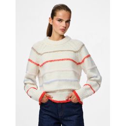 Strickpullover Pieces "PCNELIA LS O-NECK KNIT NOOS BC", Damen, Gr. S, birch stripes:brei, oran, pabo, blaven, Strick, Obermaterial: 100% Polyester, gestreift, regular fit h&uuml;ftlang, Rundhals, Rippb&uuml;ndchen, Pullover Strickpullover