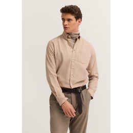 Langarmhemd Bugatti "Soft Cotton", Herren, Gr. M, Normalgr&ouml;&szlig;en, 40, beige, 100% Baumwolle, Fischgratmuster, normal, eckige 2-Knopf-Manschette, Hemden Langarmhemd, im Modern Fit mit Button-Down Kragen