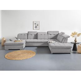 Wohnlandschaft COTTA "Holiday U-Form mit Sitztiefen-, Armteil- und Kopfteilverstellung", grau, B:386cm H:86cm T:265cm, 90% Polyester, 10% Polyamid, Sofas, Wohnlandschaft, wahlweise mit Bettfunktion & Bettkasten