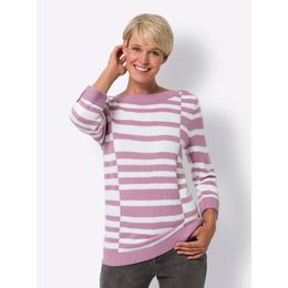 3/4 Arm-Pullover Classic Basics "Rundhals-Pullover", Damen, Gr. 46, lila (orchidee, wei&szlig;, gemustert), 100% Polyacryl, gemustert, gestreift, mehrfarbig, Pullover 3/4 Arm-Pullover