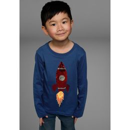 Langarmshirt Kidsworld "Rakete aus Wendepailletten", Jungen, Gr. 116/122, blau (marine), Single Jersey, Obermaterial: 100% Baumwolle, bedruckt, Basic, Rundhals, Shirts Langarmshirt, lang&auml;rmelige, Basic-Passform, aus Jerseystoff, aus Baumwolle, Topseller