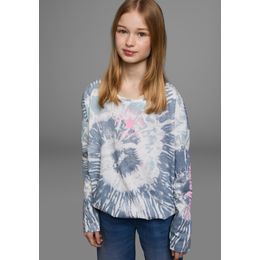 Fledermausshirt Kidsworld "Batik-Optik Shirt", M&auml;dchen, Gr. 164/170, blau (blau, batik), Single Jersey, Obermaterial: 100% Baumwolle, bedruckt, mehrfarbig, figurbetont h&uuml;ftlang, Rundhals, Fledermaus&auml;rmel abgesteppte Kante, Shirts Fledermausshirt, Langarm, mit Gummizug am Saum, stylischer Aufdruck