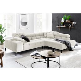 Ecksofa Home Affaire "Ancona New, wahlweise motorische Sitztiefenverstellung, auch in Cord", grau (hellgrau), B:321cm T:216cm, : 88% Polyester, 12% Polyacryl, Sofas, Ecksofa, feine Steppung, mit Kopfteilverstellung, 3 Zierkissen, L-Form