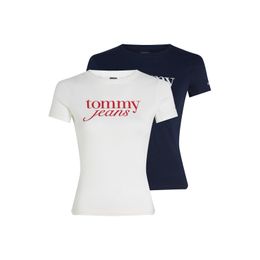 T-Shirt Tommy Jeans "TJW 2PACK ESSENTIAL LOGO TEE", Damen, Gr. L (40), blau (ecru, schwarz night navy), Single Jersey, Obermaterial: 70% Baumwolle, 30% Viskose, bedruckt, slim fit kurz, Rundhals, abgesteppt, Shirts T-Shirt, mit Logodruck