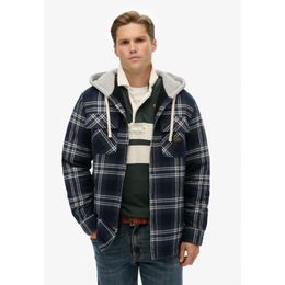 Langarmhemd Superdry "SURPLUS HOODED CHECK SHIRT", Herren, Gr. L, N-Gr, navy window check, Web, Obermaterial: 100% Baumwolle, kariert, relaxed fit, Hemden Langarmhemd