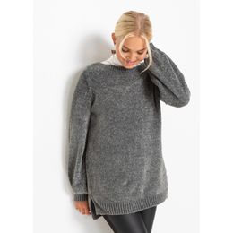 Longpullover bonprix "Chenille-Longpullover", Damen, Gr. 40/42 (M), grau (anthrazit), Obermaterial: 100% Polyester, bequem, Pullover Longpullover, aus Chenille, mit breitem U-Boot-Ausschnitt, f&uuml;r k&uuml;hle Tage