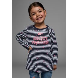 Langarmshirt Kidsworld "Vollzeit Prinzessin", M&auml;dchen, Gr. 116/122, blau (marine, wei&szlig;, gestreift), Jersey, Obermaterial: 95% Baumwolle, 5% Elasthan, bedruckt, gestreift, Basic h&uuml;ftlang, Rundhals, abgesteppte Kante, Shirts Langarmshirt, Langarm, Basic-Passform, mit Sternmuster, Rundhalsausschnitt