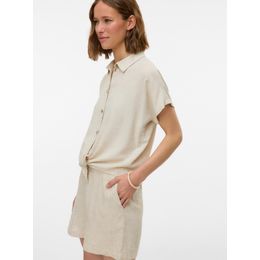 V&eacute;ro Moda Kurzarmbluse VERO MODA "VMTHEA SS TIE SHIRT WVN NOOS", Damen, Gr. XS, wei&szlig; (moonbeam detail:melange), Web, Obermaterial: 70% Viskose, 30% Leinen, meliert, normal, Blusen Kurzarmbluse, Viskosemischung, loose fit