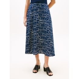 A-Linien-Rock Tommy Hilfiger "ESS LINEN FLARE MIDI SKIRT", Damen, Gr. M (40), flag feathers schwarz night navy, Web, Obermaterial: 100% Leinen, bedruckt, ausgestellt wadenlang, R&ouml;cke A-Linien-Rock, mit Allover-Print