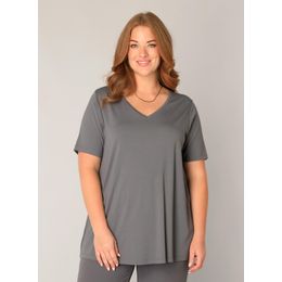 T-Shirt Base Level Curvy "Alba", Damen, Gr. 52, grau (dunkelgrau), Single Jersey, Obermaterial: 94% Viskose, 6% Elasthan, unifarben, figurumspielend h&uuml;ftlang, V-Ausschnitt, abgesteppt, Shirts T-Shirt, mit V-Ausschnitt, Topseller