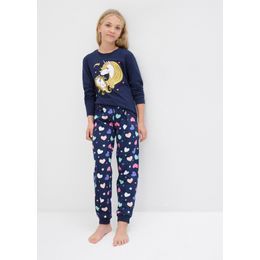 Pyjama bonprix, M&auml;dchen, Gr. 128/134, blau (dunkelblau bedruckt), Jersey, Obermaterial: 100% Baumwolle, bedruckt, Basic lang, Rundhals, Homewear-Sets Pyjama, bequeme Passform, aus Baumwolle, mit coolem Motiv