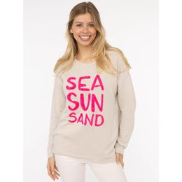 Sweater Zwillingsherz "Sea Sand Sun", Damen, Gr. S/M, beige, Web, Obermaterial: 70% Baumwolle, 30% Polyester, bedruckt, unifarben, h&uuml;ftbedeckend, Rundhals, Sweatshirts Sweater, Flock-Print, ausgefranster Rundhalsausschnitt, Langarm