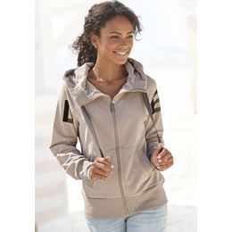 Sweatjacke ELBSAND "Kekoa", Damen, Gr. M (38), beige (sand), Sweatware, Obermaterial: 95% Baumwolle, 5% Elasthan, unifarben, figurumspielend h&uuml;ftlang, extrabreites B&uuml;ndchen, Sweatjacken Sweatjacke, mit gro&szlig;em Logodruck hinten, bequeme Freizeitjacke mit Taschen, Topseller