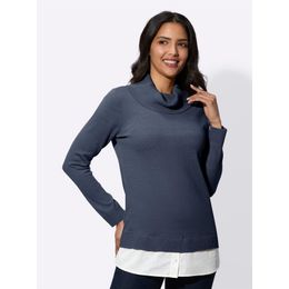 2-in-1-Pullover Classic Basics "2-in-1-Pullover", Damen, Gr. 38, blau (rauchblau, wei&szlig;), 100% Polyacryl, Webware:100% Baumwolle, unifarben, Pullover 2-in-1-Pullover