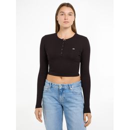 Langarmshirt Tommy Jeans "TJW CRP HENLEY TOP LS", Damen, Gr. XL (42), schwarz, Single Jersey, Obermaterial: 95% Baumwolle, 5% Elasthan, unifarben, Shirts Langarmshirt, in modischer Cropped Form
