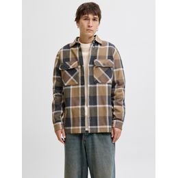 Jack & Jones Langarmhemd JACK & JONES "JPRRAYLE MELANGE CHECK L/S OVERSHIRT SN", Herren, Gr. L, N-Gr, malt ball, Web, Obermaterial: 100% Baumwolle, kariert, regular fit, Hemden Langarmhemd