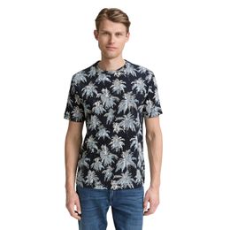 T-Shirt Tom Tailor, Herren, Gr. M, blau (navy blau stripe palm design), Jersey, Obermaterial: 100% Baumwolle, bedruckt, regular fit taillenbedeckt, Rundhals, gerader Abschluss, Shirts T-Shirt, mit All-Over Palmen Print