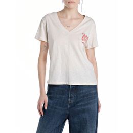 V-Shirt Replay, Damen, Gr. S, wei&szlig; (butter wei&szlig;), Jersey, Obermaterial: 100% Baumwolle, bedruckt, meliert, regular fit, V-Ausschnitt, abgesteppte Kante, Shirts V-Shirt