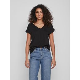 V-Shirt Vila "VIDREAMERS NEW V-NECK T-SHIRT - NOOS", Damen, Gr. XS, schwarz, Jersey, Obermaterial: 50% Baumwolle, 50% Polyester, unifarben, regular fit normal, V-Ausschnitt, Umschlagbund, Shirts V-Shirt