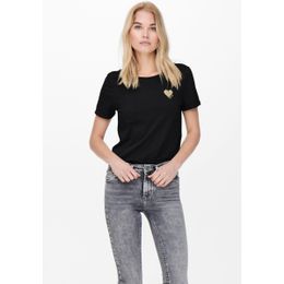 Kurzarmshirt Only "ONLKITA LIFE S/S TOP NOOS", Damen, Gr. S, schwarz (schwarz gold gl heart), Jersey, Obermaterial: 100% Baumwolle, bedruckt, regular fit normal, Rundhals, Shirts Kurzarmshirt, regular fit, casual, Single Jersey, Baumwolle, Rundhals