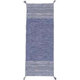 Teppich CarpetFine "Kelim Azizi, auch als L&auml;ufer erh&auml;ltlich", blau, B:80cm H:5mm L:500cm, Baumwolle, Teppiche, Teppich, handgewebt, Baumwolle, Wendeteppich mit Fransen, Fleckerl, Wohnzimmer