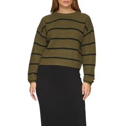 Rundhalspullover QS, Damen, Gr. L, gr&uuml;n (khaki, schwarz stripes), Strick, Obermaterial: 100% Polyacryl, gestreift, regular fit taillenbedeckt, Rundhals, gerader Abschluss, Pullover Rundhalspullover, mit Streifenmuster