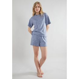 Shorty Tom Tailor "Charlotte", Damen, Gr. 38 (M), blau, Single Jersey, Obermaterial: 100% Baumwolle, bequem kurz, Rundhals, Homewear-Sets Shorty, gepunktet, Kurzarm, Rundhalsausschnitt, kurze Hose, feminin, bequem
