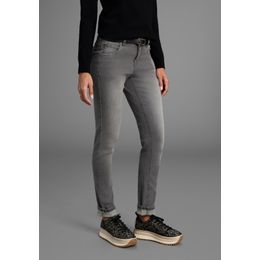 Slim-fit-Jeans Arizona "Bund mit seitlichem Gummizugeinsatz", Damen, Gr. 48, N-Gr, grau (grau used), Denim/Jeans, Obermaterial: 98% Baumwolle, 2% Elasthan, Basic, slim fit lang, Jeans Slim-fit-Jeans, schmale Passform, R&ouml;hrenjeans, Used-Waschung, hohe Leibh&ouml;he, Topseller