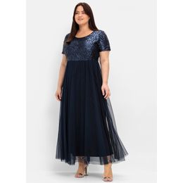 Abendkleid sheego "Abendkleid", Damen, Gr. 54, Normalgr&ouml;&szlig;en, blau (marine), 100% Polyester, unifarben, lang, Rundhals, Kleider Abendkleid