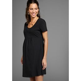 Umstandskleid Neun Monate "Kurzes Schwangerschafts-Jerseykleid, Minikleid", Damen, Gr. 36/38, N-Gr, schwarz, Jersey, Obermaterial: 95% Baumwolle, 5% Elasthan, unifarben, Basic ca. Mitte Knie, V-Ausschnitt, Kleider Umstandskleid, Auschnitt in Wickeloptik