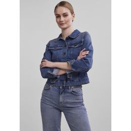 Jeansjacke Pieces "PCOIA LS DNM JACKET MB NOOS BC", Damen, Gr. M, blau (medium blau denim), Denim/Jeans, Obermaterial: 52% Baumwolle, 30% Polyester, 16% Viskose, 2% Elasthan, unifarben, taillenlang, mit Kn&ouml;pfen, Jacken Jeansjacke