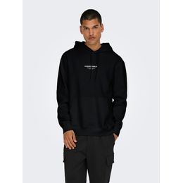 Only & Sons Kapuzensweatshirt ONLY & SONS "ONSCURATED REG HOODIE SWEAT", Herren, Gr. S, schwarz, angeraute Sweatware, Obermaterial: 65% Baumwolle, 35% Polyester, bedruckt, normal, Rundhals, Rippb&uuml;ndchen, Sweatshirts Kapuzensweatshirt