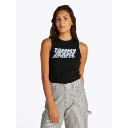 Tanktop Tommy Jeans "TJW SLIM SH TJ BUBBLE TANK", Damen, Gr. M (38), schwarz, Rippware, Obermaterial: 95% Baumwolle, 5% Elasthan, unifarben, figurbetont kurz, Rundhals, Tops Tanktop, mit Logodruck