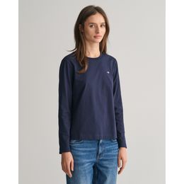 Langarmshirt Gant "REG SHIELD LS T-SHIRT", Damen, Gr. XXL, blau (evening blau), Single Jersey, Obermaterial: 100% Baumwolle, regular fit, Rundhals, Shirts Langarmshirt, kleine Logostickerei auf der Brust