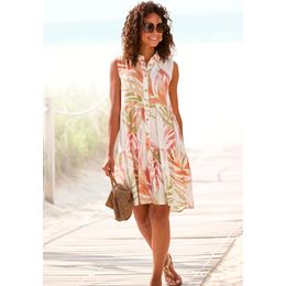 Hemdblusenkleid Lascana, Damen, Gr. 46, N-Gr, orange (sand, orange bedruckt), Web, Obermaterial: 100% Viskose, bedruckt, figurumspielend knieumspielend, hoch geschlossener Ausschnitt, Kleider Hemdblusenkleid, mit Alloverprint und Volants, &auml;rmelloses Sommerkleid, Strandkleid, Topseller