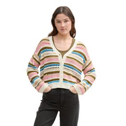 Cardigan Tom Tailor Denim, Damen, Gr. S (36), wei&szlig; (sanftes wei&szlig; olive pink stripe), Strick, Obermaterial: 55% Polyacryl, 45% Polyamid, gestreift, relaxed fit taillenbedeckt, V-Ausschnitt, Rippb&uuml;ndchen, Strickjacken Cardigan, mit Streifen Muster