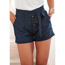 Shorts Lascana, Damen, Gr. 38, N-Gr, blau (marine), Web, Obermaterial: 58% Viskose, 28% Baumwolle, 14% Leinen, figurumspielend kurz, Hosen Shorts, und Knopfleiste, kurze Hose, Leinenhose, Sommerhose, Topseller
